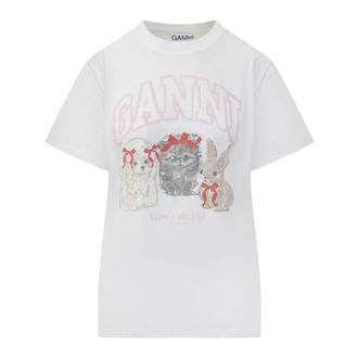 Ganni Femme, Tops, Blanc, Taille: 40 FR Animals Print T-shirt