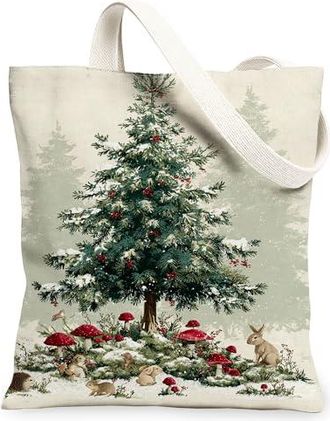 Generic Sacs fourre-tout en toile avec motif animal de No&euml;l, motif vintage de la for&ecirc;t, sacs d&eacute;picerie r&eacute;utilisables, rustiques, l&eacute;gers et lavables avec bando