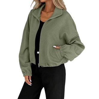 Generic Veste ample 2025 avec fermeture &eacute;clair et cordon de serrage pour femme - Col montant d&eacute;contract&eacute; - L&eacute;g&egrave;res - Pour lautomne, vert militaire, XL