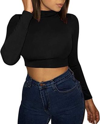 Lazzboy Haut Court à Manches Longues avec Un col roulé Femme Sexy Solide T-Shirt Crop Tops Fille Chic Blouse Chemise Noir S