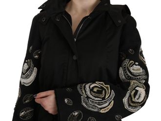 John Richmond Womens Floral Sequined Beaded Hooded Jacket Coat Black Cotton Clothing