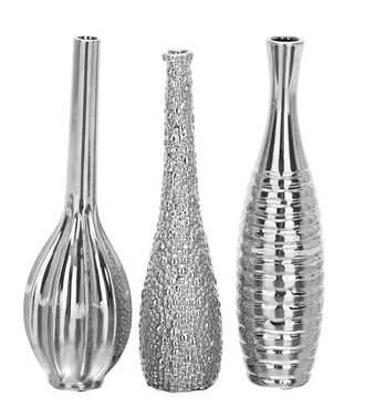 Deco 79 Lot de 3 vases décoratifs en céramique à col étranglé, Surface texturée arborant différents Motifs, Parfaite décoration dintérieur, 7,6 x 7,6 x 30,5 c