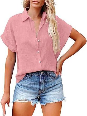 Generic Chemises et chemisiers en lin pour femme - Grande taille - Boutonn&eacute; - Manches courtes - Style d&eacute;contract&eacute; - Tunique ample - V&ecirc;tements tendance, rose, 