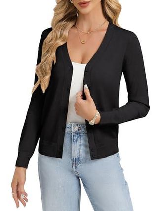Grace Karin Cardigan d&eacute;t&eacute; l&eacute;ger classique &agrave; col en V boutonn&eacute; pour femme, Noir, XL
