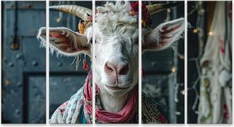 Islandburner Bild auf Leinwand Elegante Ziege mit Blumen und Schal im Boho Stil Bilder Wandbilder Poster
