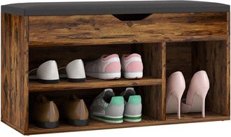 HOMCOM Meuble Chaussures - HOMCOM - 2 Niveaux Rangement - Niche + Coffre intégré avec Coussin - Effet bois dacajou