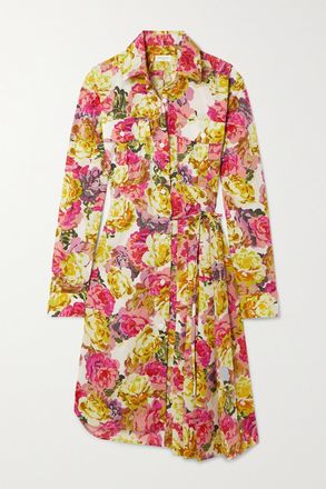 Dries Van Noten Wickelkleid Aus Baumwollpopeline Mit Blumenprint, Falten Und Bindeg&uuml;rtel - Ecru