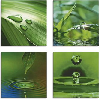 Artland Wanddeko Wellness Bilder Leinwand Bilder Set 4tlg. je 30x30 cm Quadratisch Wandbilder Zen Pflanze Gras Wassertropfen K2IQ