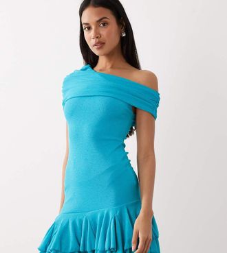 KAIIA Robe courte asym&eacute;trique avec ourlet volant&eacute; et &eacute;paule d&eacute;nud&eacute;e &agrave; rabat - Bleu vif