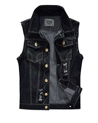 ShiFan Homme Slim Casual Veste en Denim sans Manche D&eacute;chir&eacute; Gilet Jean Veste Cowboy Blouson Noir 5XL