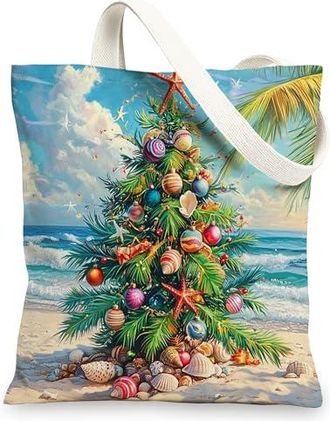Generic Sac fourre-tout en toile r&eacute;utilisable pour le shopping 33 x 38 cm, motif arbre de plage c&ocirc;tier de No&euml;l, sac d&eacute;picerie r&eacute;utilisable pour femme, vacance