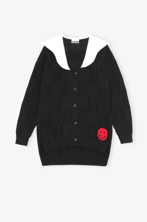 Ganni Cardigan à col en popeline et smiley Noir