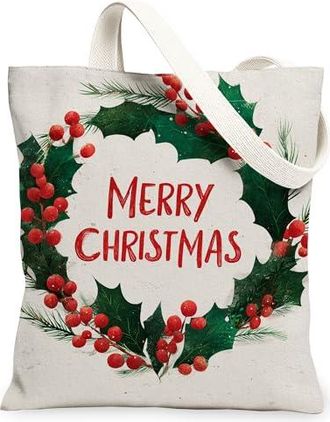 Generic Sacs fourre-tout en toile de houx de No&euml;l, motif v&eacute;g&eacute;tal d&eacute;coratif, sacs d&eacute;picerie, sacs d&eacute;picerie r&eacute;utilisables, en lin rustique, l&eacute;gers, lavables po