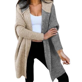 Generic Pull à capuche pour femme ouvert sur le devant à manches longues en tricot avec blocs de couleurs, Gris abricot, XL