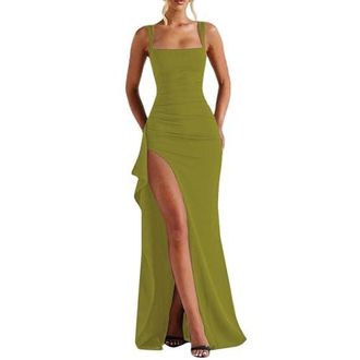 Generic Robe de soir&eacute;e pour femme - Robe longue tendance et sexy - Robe porte-jarretelles dos nu - Robe fendue - Belle robe d&eacute;t&eacute; - Longueur genou, vert, XS