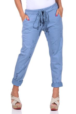 Mississhop 350 Damen Hose Cargohose Sterne Sweatpants Jogginghose Baumwolle Freizeithose Boyfriend Baggy Haremshose zerrissene Hose Outfit mit Gummibund Jeansbla