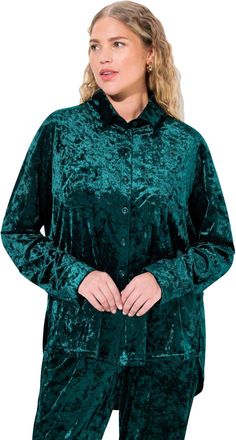 Ulla Popken Damen große Größen Übergrößen Plus Size Samtbluse, A-Linie, Hemdkragen, Langarm tannengrün 54+ 831976753-54+