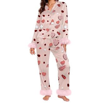 Generic Ensemble de pyjama en satin pour femme - V&ecirc;tement de nuit imprim&eacute; coeur - Haut et pantalon boutonn&eacute;s - Tenue 2 pi&egrave;ces - Pyjama en soie doux et confort