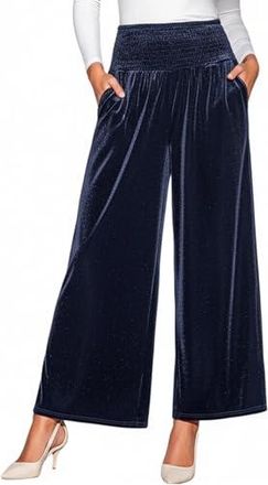 Cupshe Pantalon palazzo en velours pour femme - Taille haute &eacute;lastique - Jambe large - Pantalon habill&eacute; en velours avec poches, bleu marine, S
