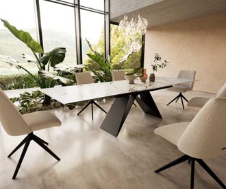 DELIFE Esstisch Edge 200-300x100 Keramik Calacatta Luxe Weiß-Gold-Grau V-Gestell Flachstahl Schwarz ausziehbar, Esstische