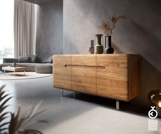 DELIFE Sideboard Anaya 145 cm Akazie Natur 3 T&uuml;ren L-Fu&szlig; Edelstahl, Sideboards