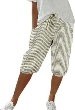 Generic Short court en coton et lin pour femme avec cordon de serrage et taille &eacute;lastique - Pantalon court ray&eacute; avec poches - Longueur genou - Pantalon d&eacute;cont