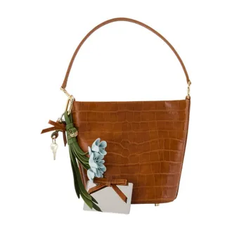 Self Portrait Crocodile-Embossed Calfskin Bucket Bag - Brown