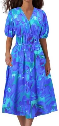 Generic Robe d&eacute;t&eacute; d&eacute;contract&eacute;e &agrave; manches courtes et col en V pour femme - Style boh&egrave;me - Pour la plage, bleu, XXL