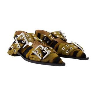 Ganni Womens Buckle Zebra Cotton Flat Beige