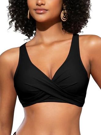 SHEKINI Haut de bikini pour femme avec col en V crois&eacute; push-up et grande poitrine - Haut de bain &agrave; nouer dans le dos pour femme, Noir, XL