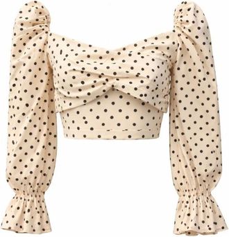 Weili Zheng Femme, Blouses et Chemises, Beige, Taille: 40 FR Haut &agrave; Manches Longues en Mousseline de Coton &agrave; Pois et Avant