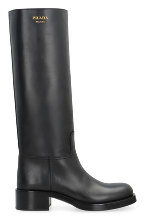 Prada Womens High Leather Boots Black Calf