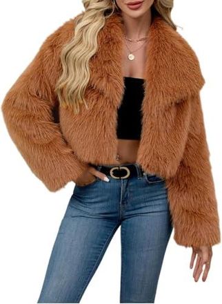 Generic Manteau court en fausse fourrure pour femme - Veste courte à manches longues - Style décontracté, B-Camel, XXL