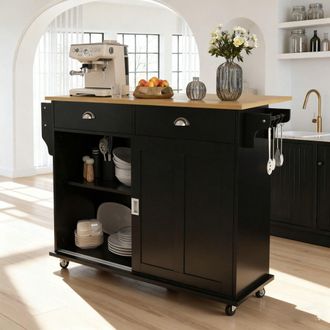 Generic Esszimmerwagen/Sideboard 112x40x94 cm - Mit Klappbarer Arbeitsplatte (Massivholzoptik), Stauraumtüren, Rollen & Austauschbaren Füßen, Schwarz - Vielse