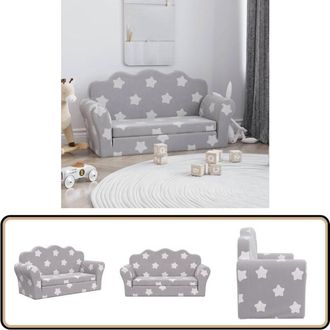 vidaXL Kinder-Schlafsofa 2-Sitzer Hellgrau mit Sternen Weicher Plüsch - Kinder Couch - Kinder Sofa - Kuschel Sofa - Spielsofa - Beistelltisch