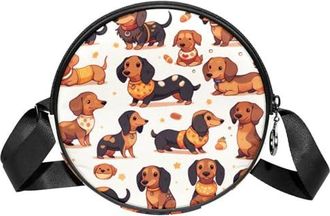 Generic Petit sac &agrave; bandouli&egrave;re circulaire pour femme, motif teckel avec fermeture &eacute;clair, bretelles r&eacute;glables, sac &agrave; main rond d&eacute;contract&eacute; pour femmes et fil