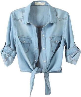 Generic Hauts en jean à manches 3/4 pour femme - Chemises courtes à nouer sur le devant - Bleu clair - Cardigan dété, bleu ciel, XX-Large