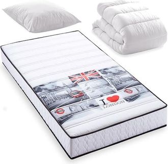 Blue Moon Pack Bridge Matelas 90x190 London + Couette + Oreiller. 5 Zones de Confort. Épaisseur 15cm - Fabriqué en Belgique