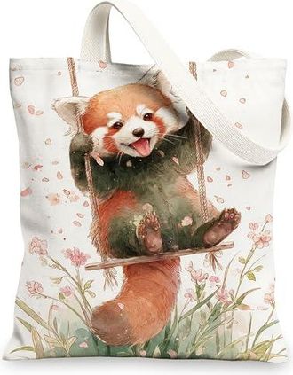 Generic Sacs fourre-tout en toile motif panda rouge, sacs dépicerie réutilisables, légers et lavables avec bandoulière B, blanc, 13x15 Inch