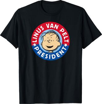 Peanuts Linus Von Pelt als Präsident T-Shirt Schwarz S Klassische Passform Cartoon Print Classic Fit V-Neck T-Shirt