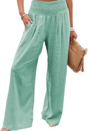 Generic Pantalon pliss&eacute; taille haute pour femme, coupe large, style boh&egrave;me, d&eacute;contract&eacute;, plage, voyage, pantalon droit avec poches, vert clair, XXL