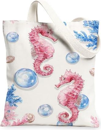 Generic Sacs fourre-tout en toile motif hippocampes de p&ecirc;che, sacs d&eacute;picerie r&eacute;utilisables, l&eacute;gers et lavables avec bandouli&egrave;re en toile F, p&ecirc;che, 13x15 Inch