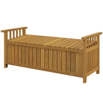 OUTSUNNY Holzgartenbank 2-Sitzer mit 186L Stauraum, Outdoor-Bank mit Armlehnen, 240 kg belastbar, für Balkon-Garten, 128,5 x 56 x 53,5 cm braun