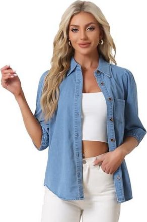 Allegra K Chemise en Jean Femme Manches 3/4 Bouffantes Coupe Ample Col Boutonné Chemisier en Denim Blouse Vintage Bleu M