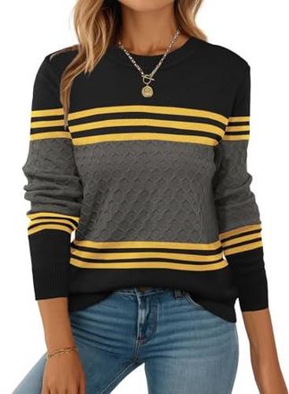 Zeagoo Pull en tricot pour femme - Col rond - Bloc de couleurs - Élégant - Manches longues - Hauts dhiver - S-XXL, gris foncé, M