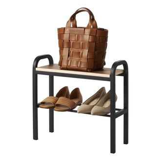 Yamazaki Tableware Yamazaki 4788 TOWER Schuhregal mit Holzbrett, schwarz, Stahl/Schichtholz, minimalistisch, 48 x 19 x 46 cm