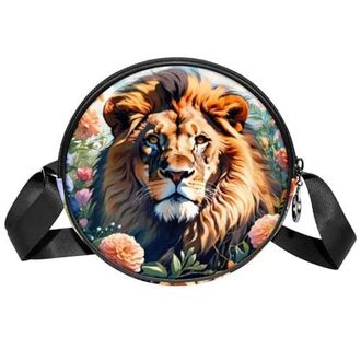 Generic Petit sac &agrave; bandouli&egrave;re circulaire pour femme, motif fleur de lion, sac &agrave; dos avec fermeture &eacute;clair, bretelles r&eacute;glables, sac &agrave; main rond d&eacute;contract&eacute; 