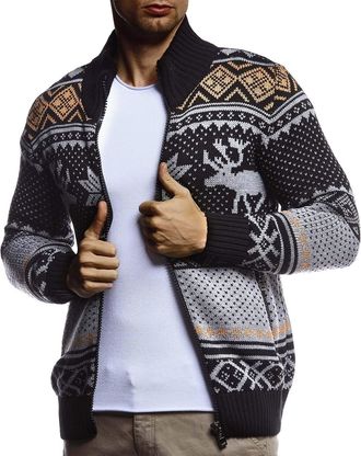 LEIF NELSON Herren Strickjacke Stehkragen Norwegerjacke Schwarze Winterjacke Freizeitjacke Männer Jacke für Weihnachten Winter Norweger Muster Übergangsjacke Slim