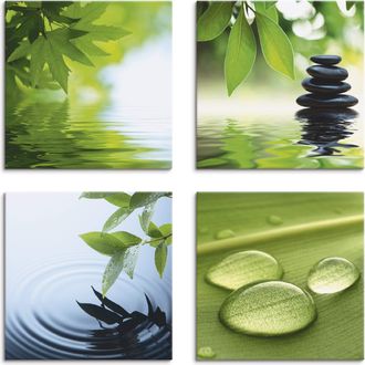 Artland Wanddeko Wellness Bilder Leinwand Bilder Set 4tlg. je 30x30 cm Quadratisch Wandbilder Zen Wasser Blätter Stein Pyramide Tropfen S6PI