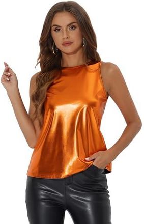 Allegra K Débardeur Métallique Femme Haut Brillant métallisé sans Manches Top pour Costume dhalloween Orange Sombre S